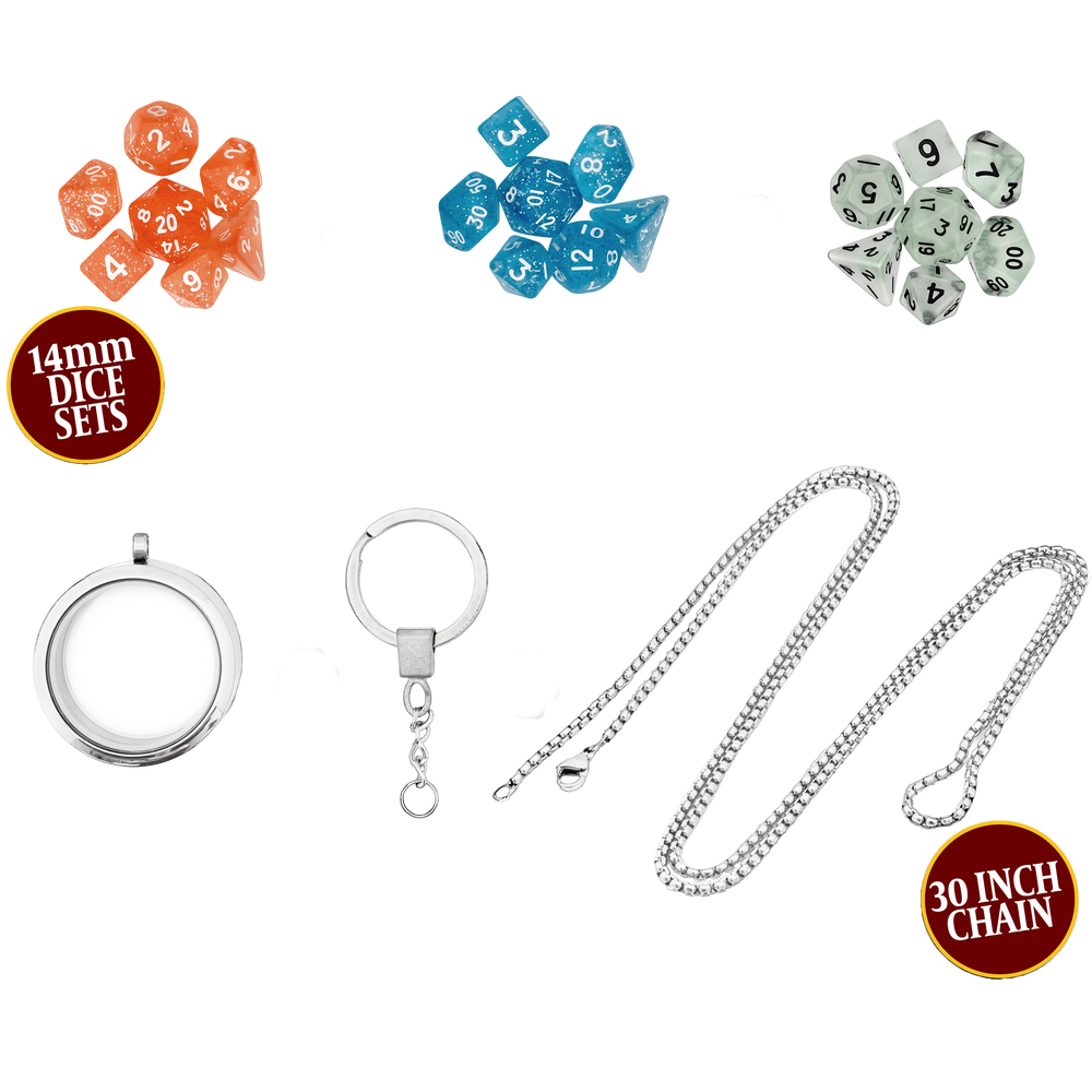 Dice Locket w Necklace & Keychain + 3 Dnd Mini Dice Sets | Fantasy Jewelry