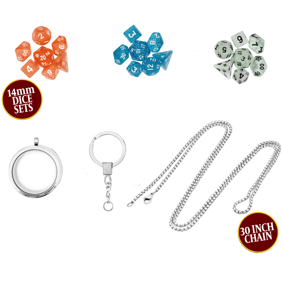 Dice Locket w Necklace & Keychain + 3 Dnd Mini Dice Sets | Fantasy Jewelry